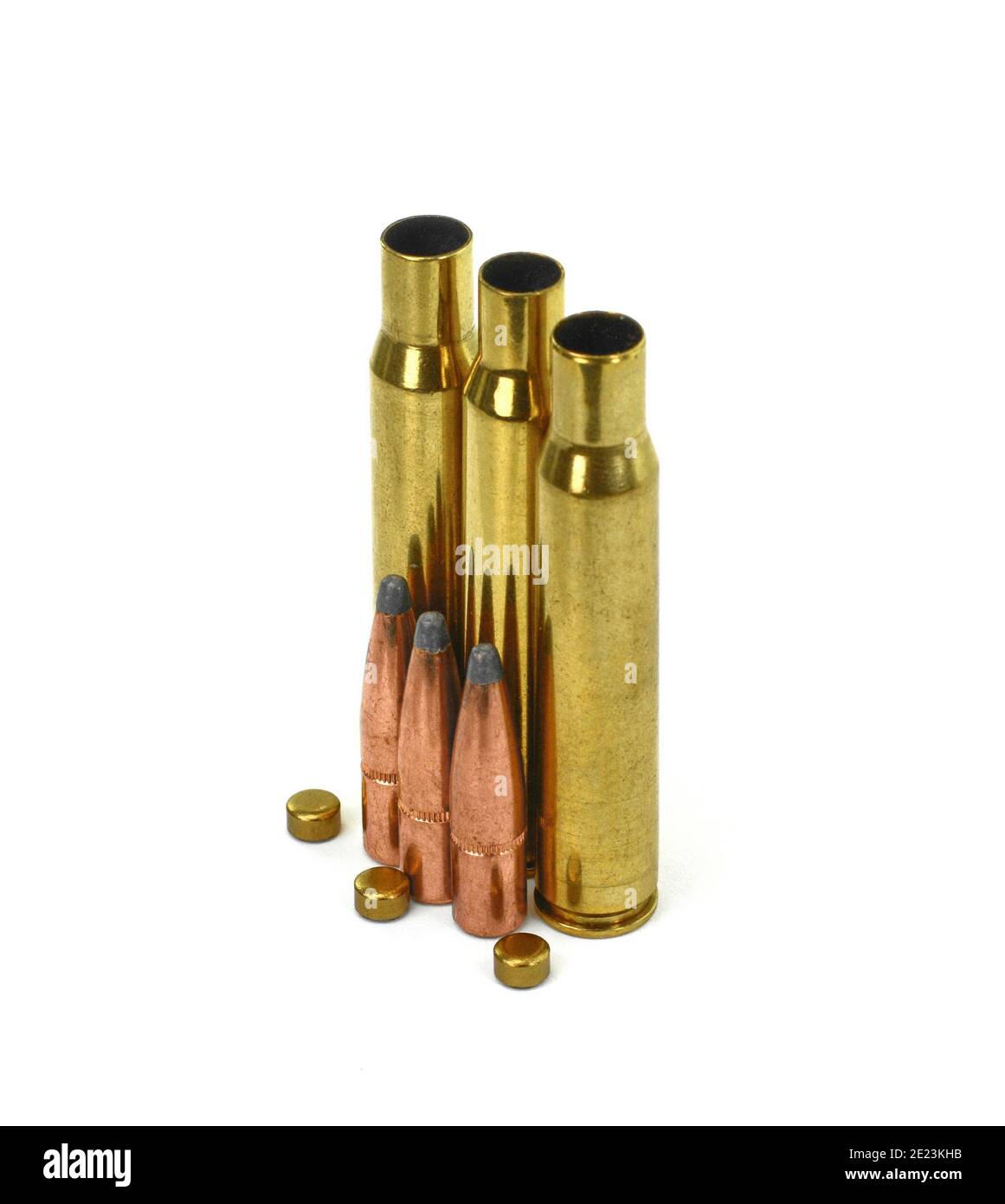 A rifle bullet, empty shell, gunpowder on white background. Hunting ...