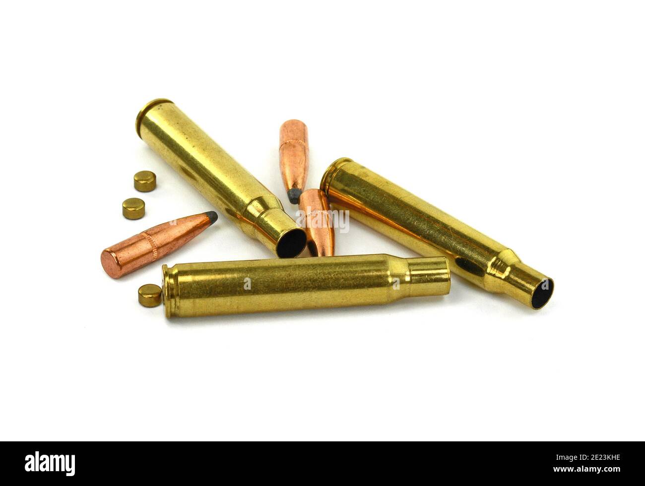 A rifle bullet, empty shell, gunpowder on white background. Hunting ...