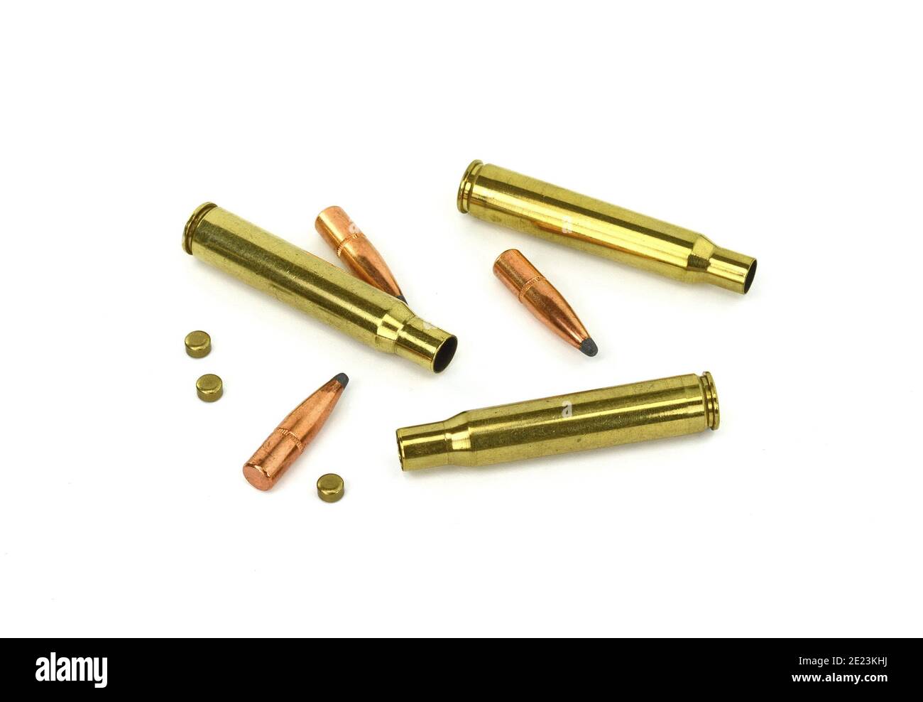 A rifle bullet, empty shell, gunpowder on white background. Hunting ...