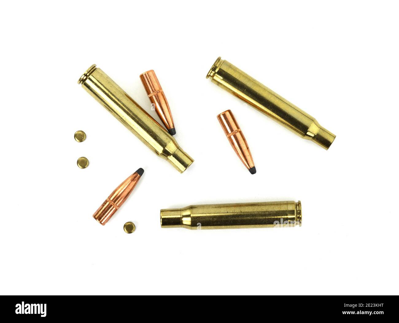A rifle bullet, empty shell, gunpowder on white background. Hunting ...