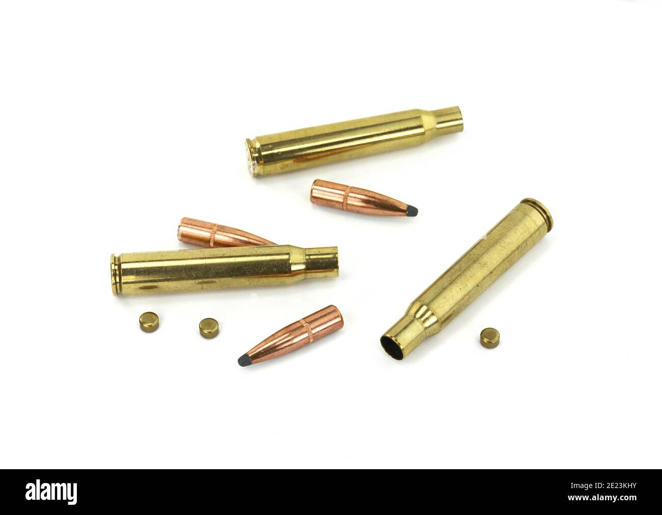 A rifle bullet, empty shell, gunpowder on white background. Hunting ...