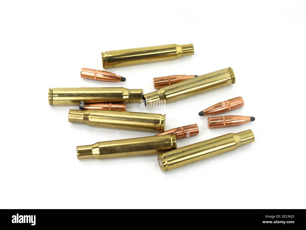 A rifle bullet, empty shell, gunpowder on white background. Hunting ...