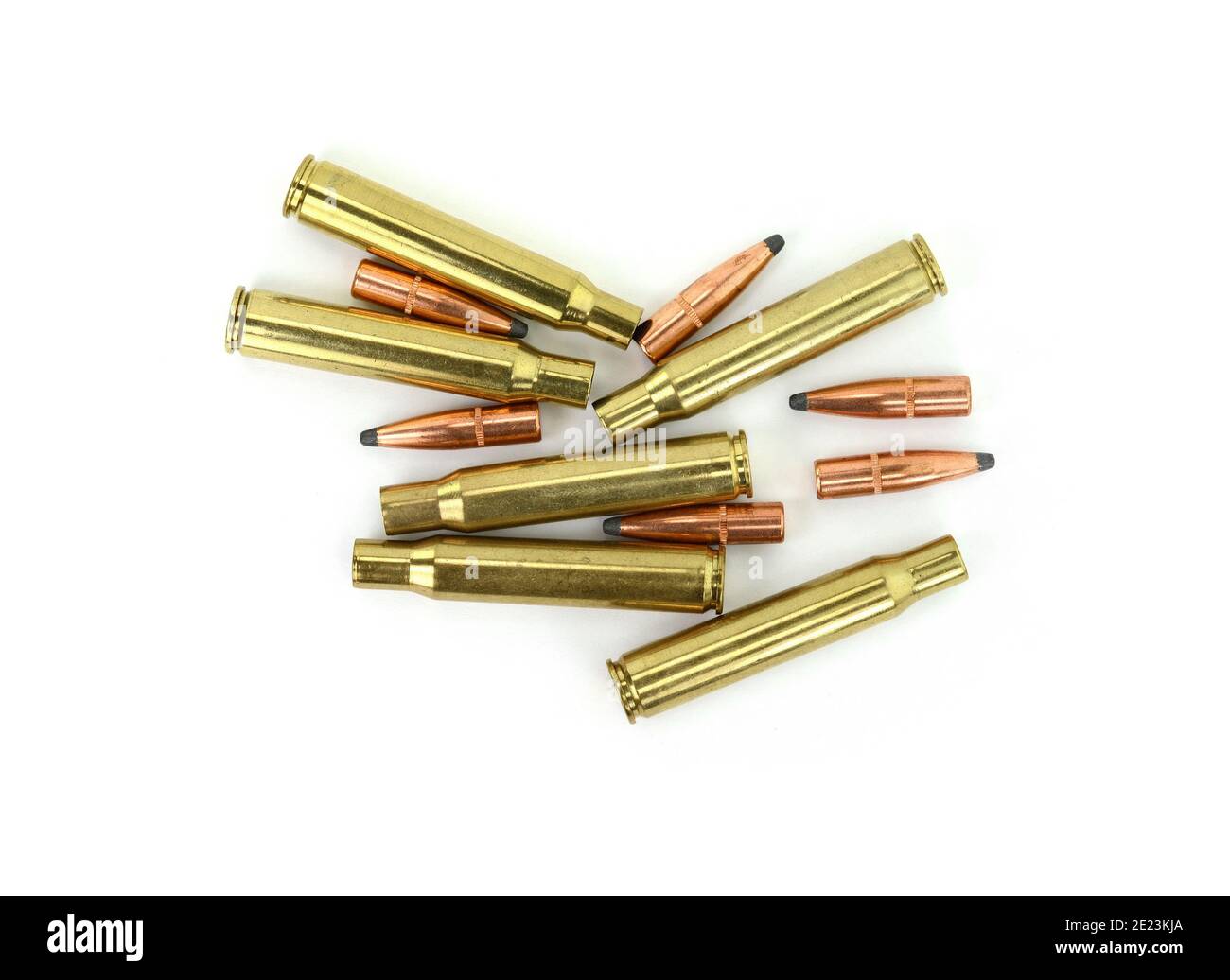 A rifle bullet, empty shell, gunpowder on white background. Hunting ...