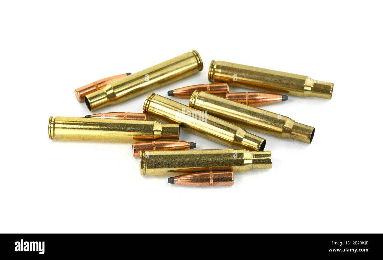 A rifle bullet, empty shell, gunpowder on white background. Hunting ...