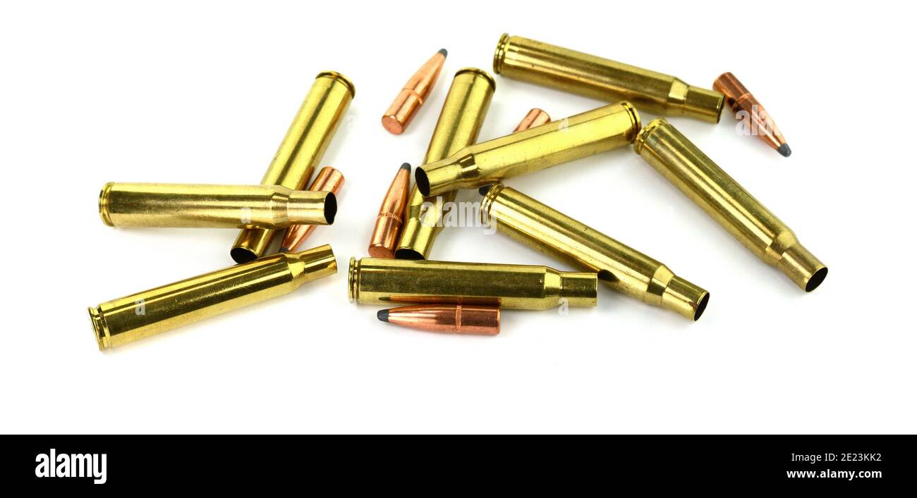 A rifle bullet, empty shell, gunpowder on white background. Hunting ...