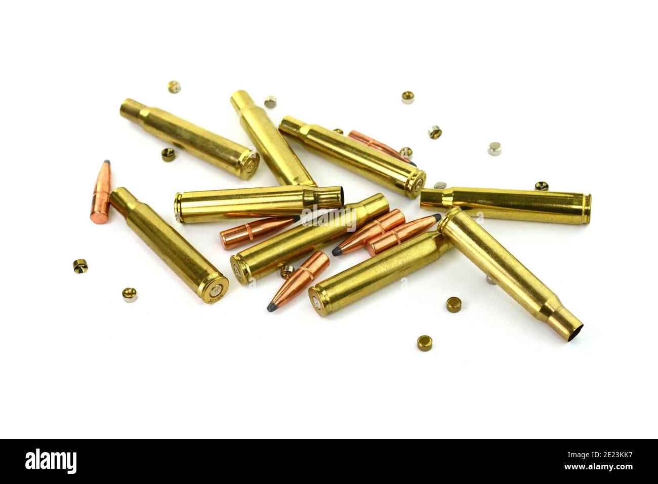 A rifle bullet, empty shell, gunpowder on white background. Hunting ...