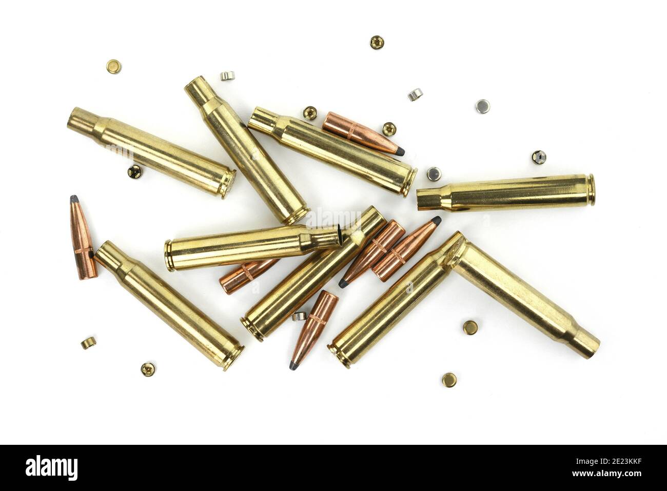 A rifle bullet, empty shell, gunpowder on white background. Hunting ...