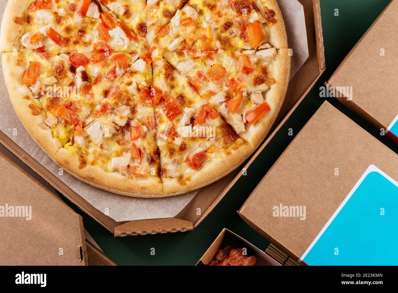 Set of delivery food. pizza sushi rolls Stock Photo - Alamy