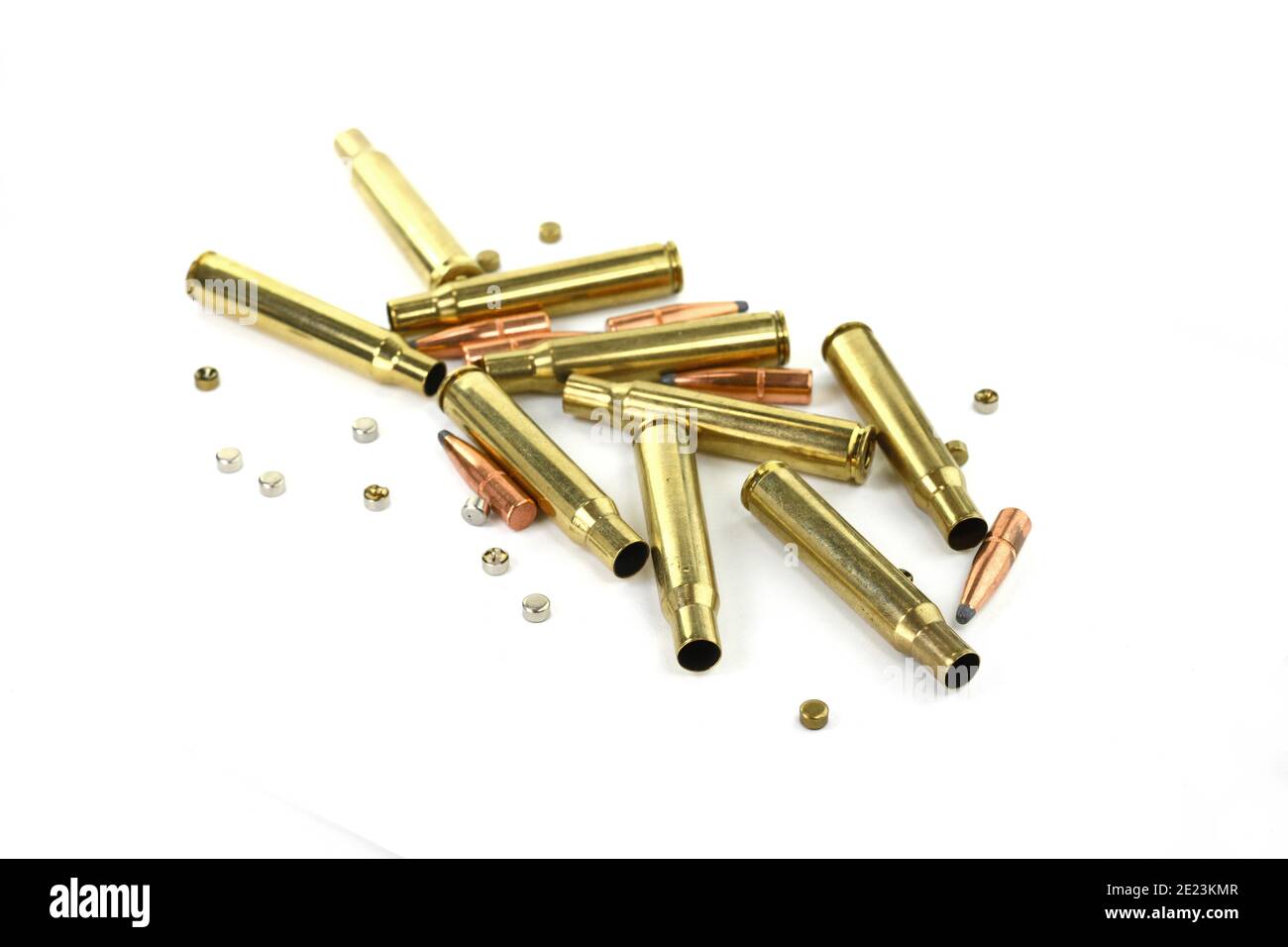 A rifle bullet, empty shell, gunpowder on white background. Hunting ...