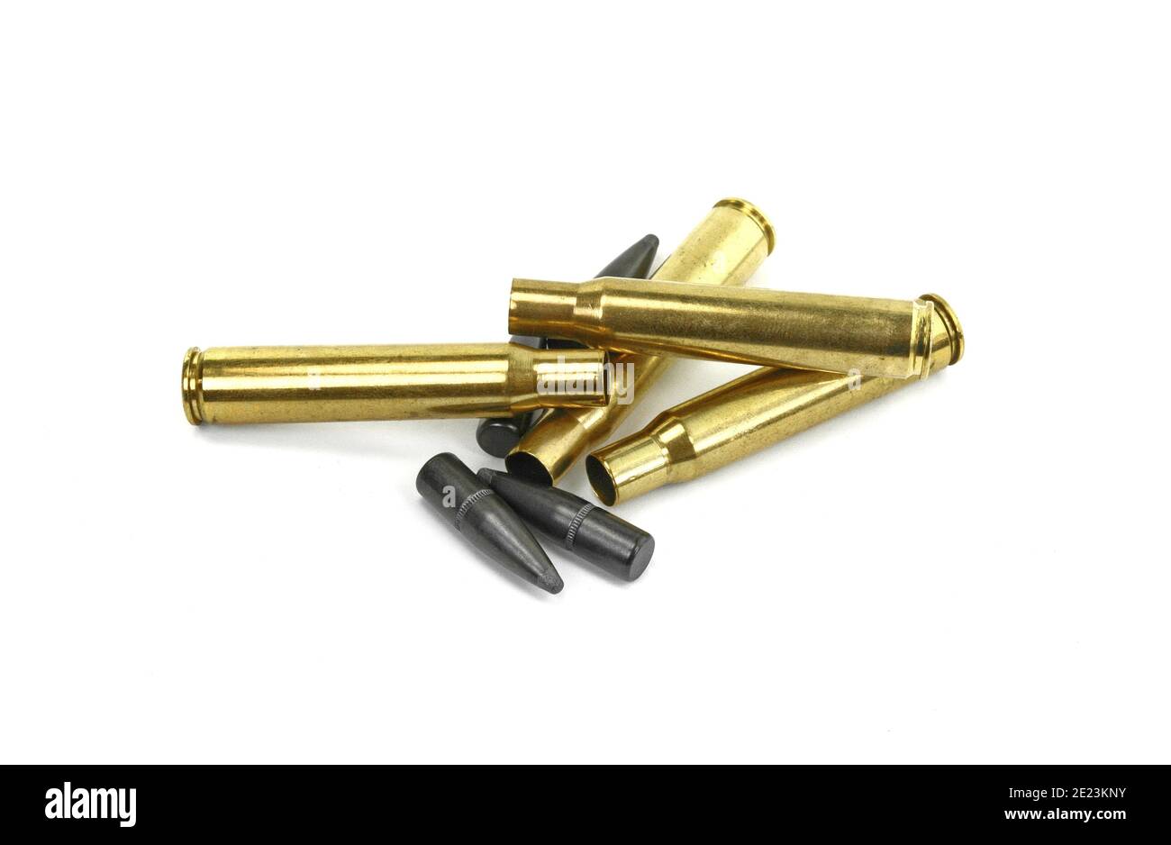 A rifle bullet, empty shell, gunpowder on white background. Hunting ...