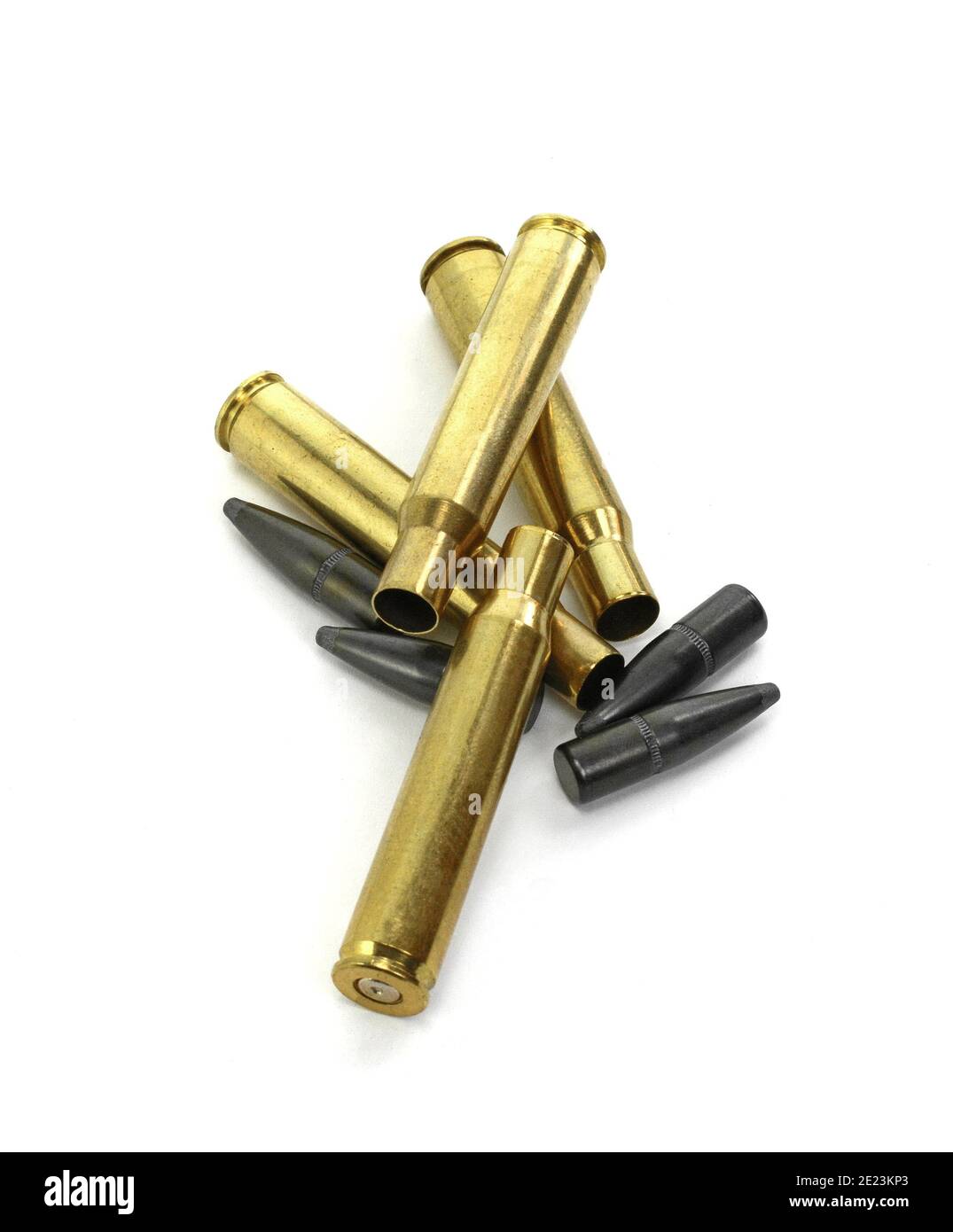 A rifle bullet, empty shell, gunpowder on white background. Hunting ...