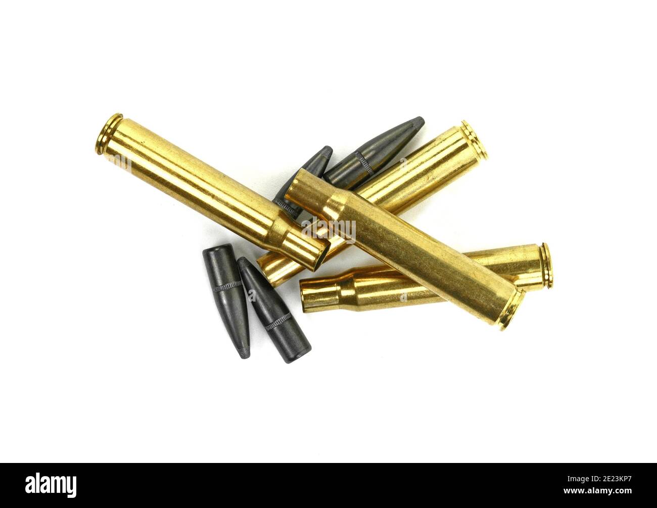 A rifle bullet, empty shell, gunpowder on white background. Hunting ...