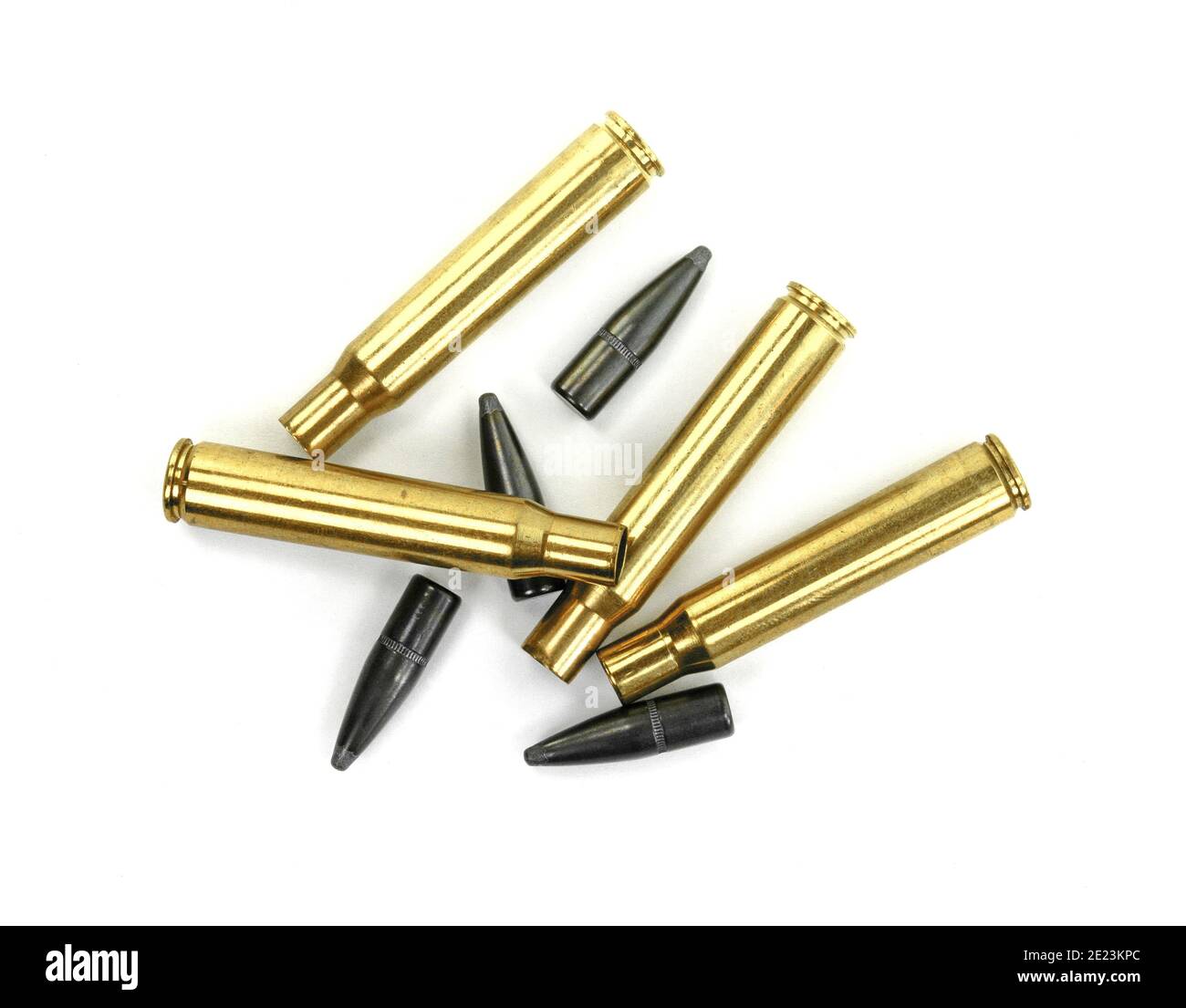 A rifle bullet, empty shell, gunpowder on white background. Hunting ...