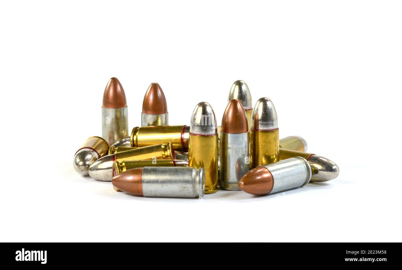 bullet for a gun isolated on white background. Caliber 9 mm Stock Photo ...