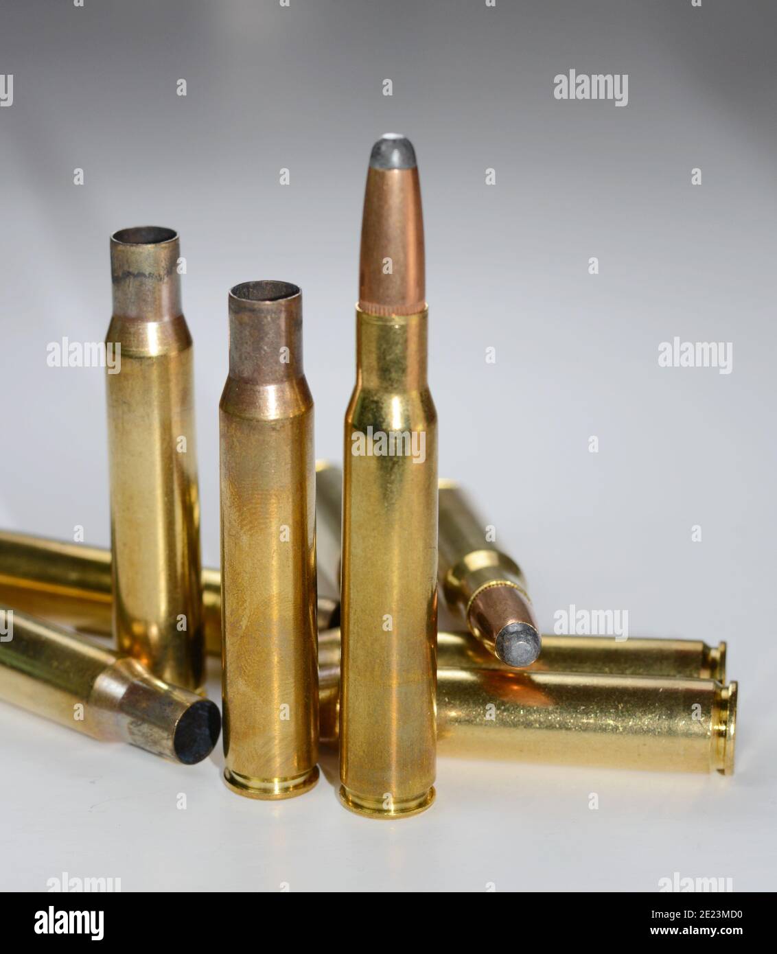 Hunting ammunition and empty rifle bullet cartridges Stock Photo - Alamy