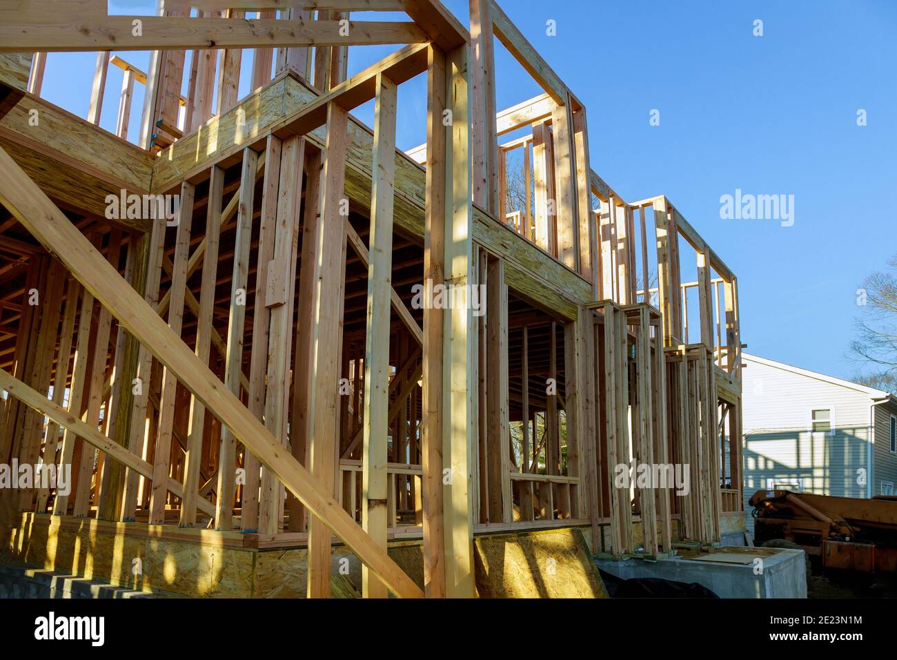 Wood building frame structure on a new development framing of new house ...