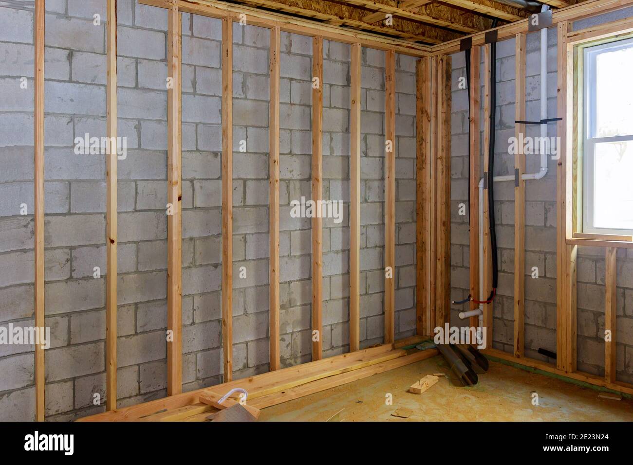 Basement unfinished under construction residential home framing stick ...