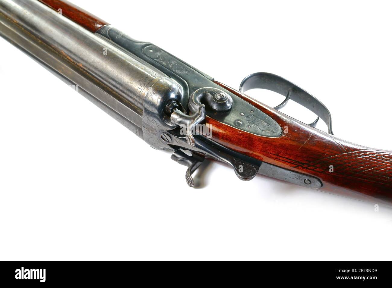 Detail of Old shotgun on white. Hunting gun Stock Photo - Alamy