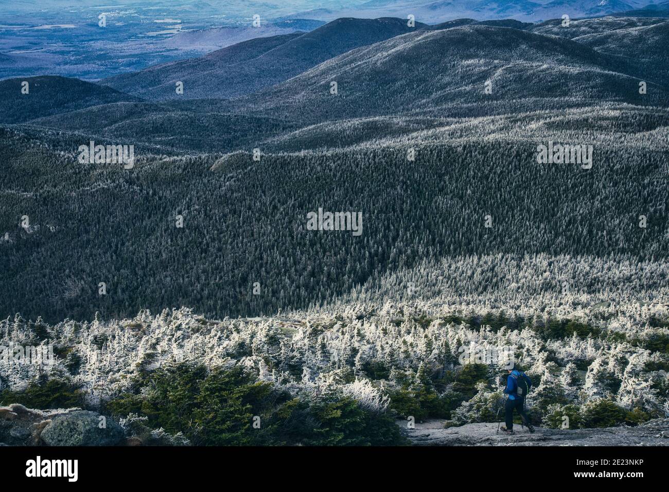 Hiker walking on a beautiful mountain path to the top of Mount Marcy ...