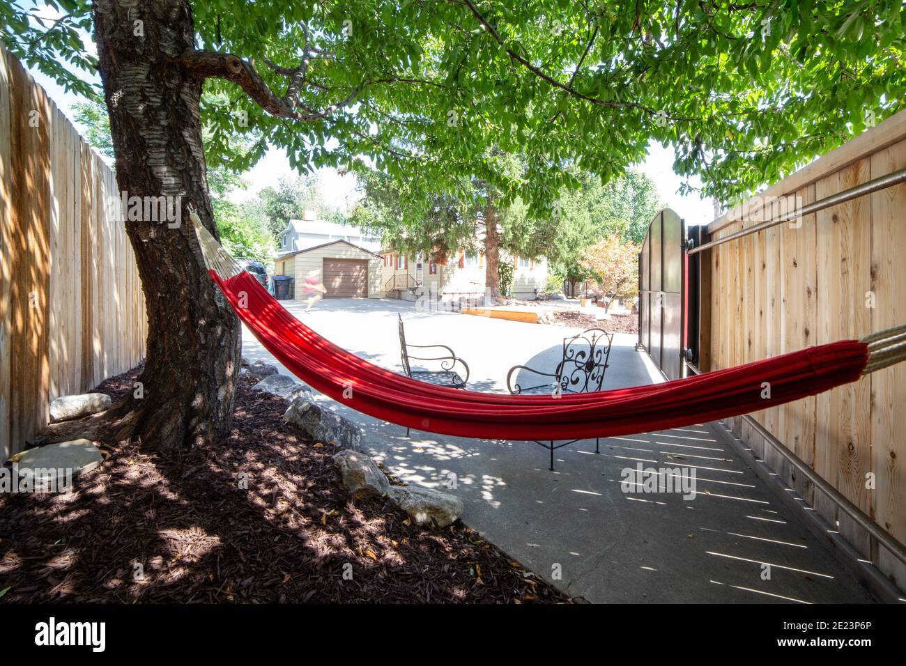Hanging between tree and garden fence Stock Photo - Alamy