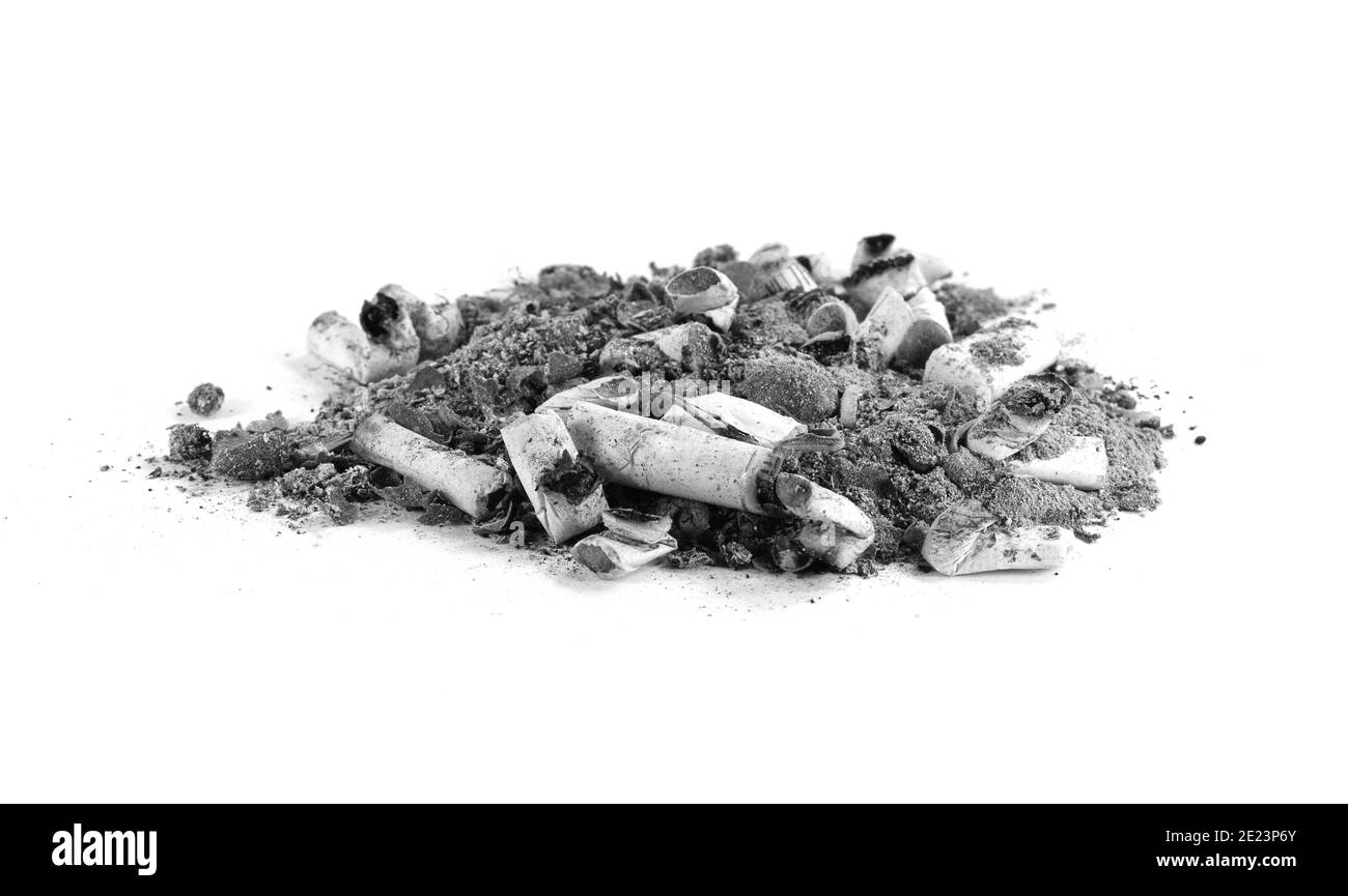 A pile of cigarette end stubs, butts & ash on a white background Stock ...