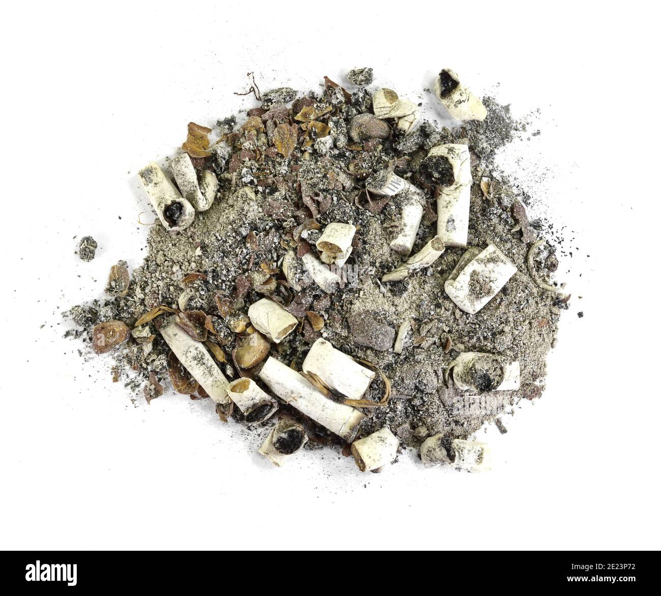 A pile of cigarette end stubs, butts & ash on a white background Stock ...