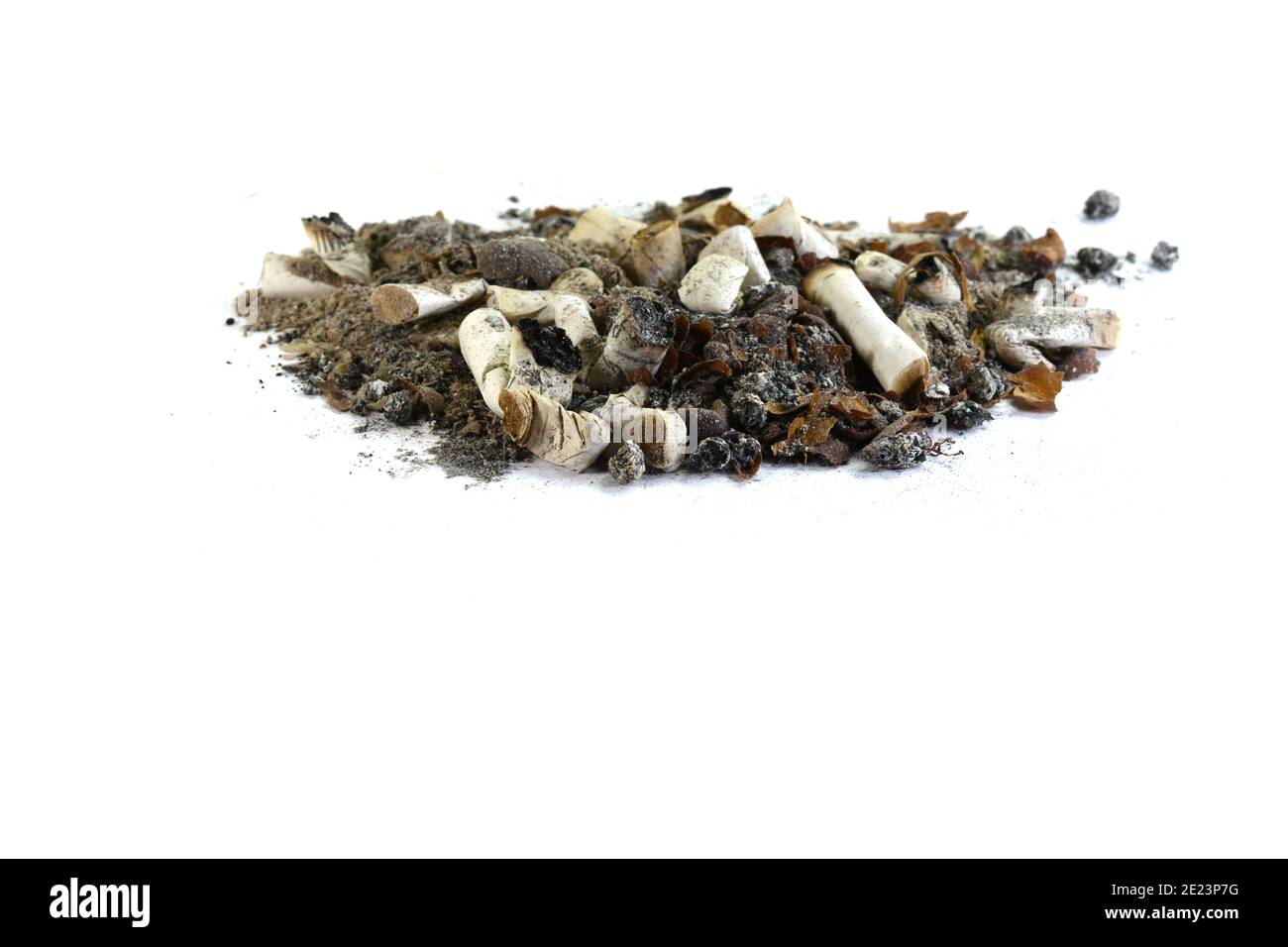 A pile of cigarette end stubs, butts & ash on a white background Stock ...