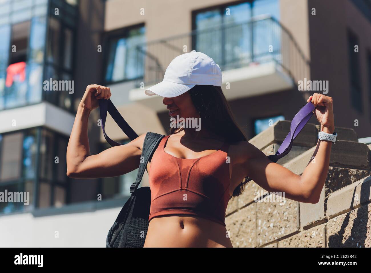 Female athlete sweating after climbing stairs, running and exercising ...