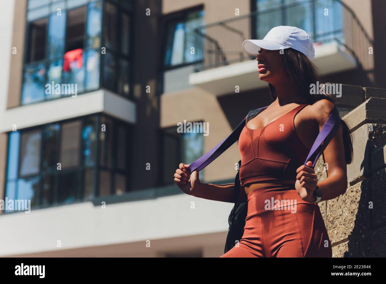 Female athlete sweating after climbing stairs, running and exercising ...