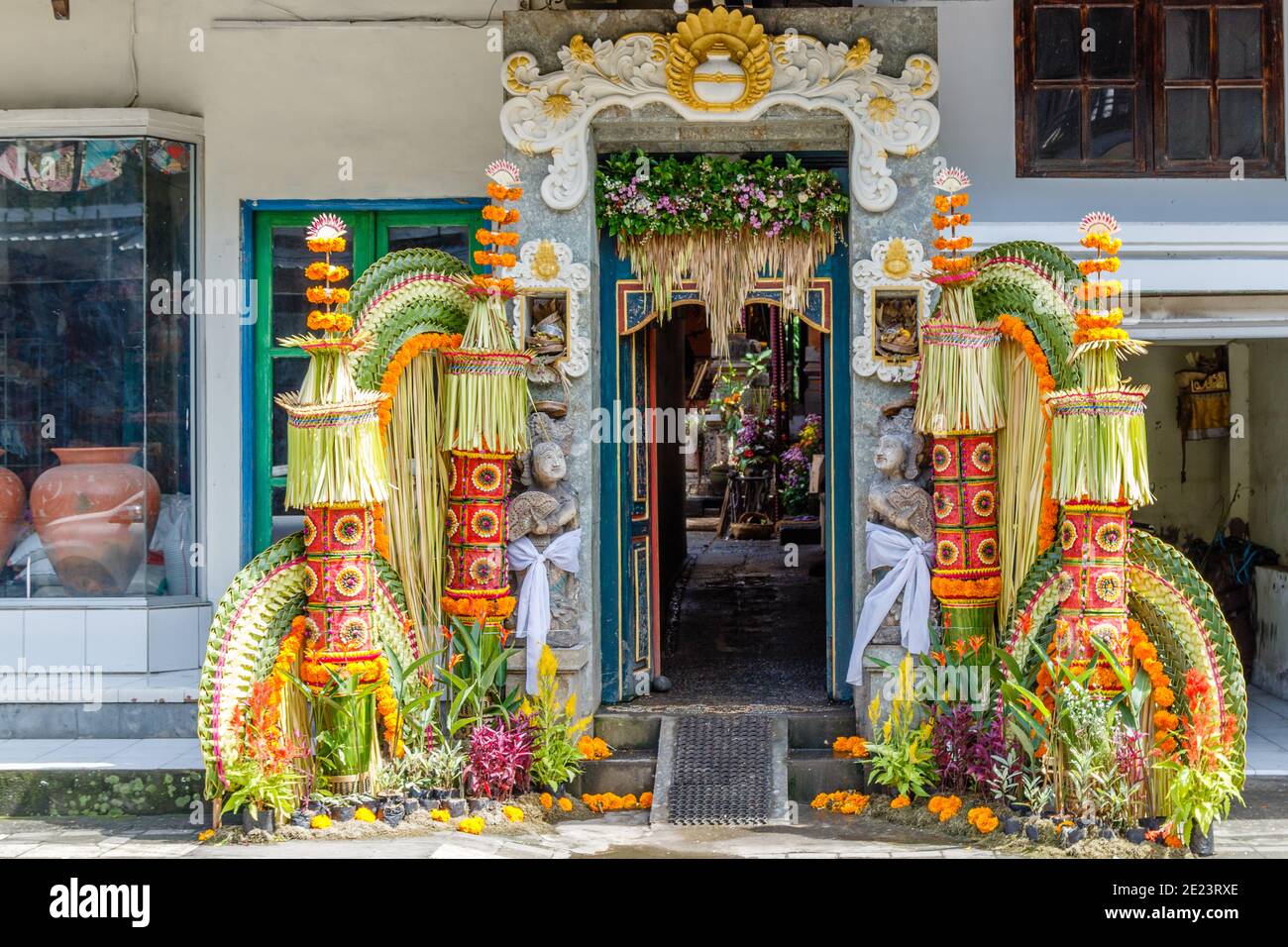 Balinese Hindu wedding gates decorated with sarad, colorful rice flour ...