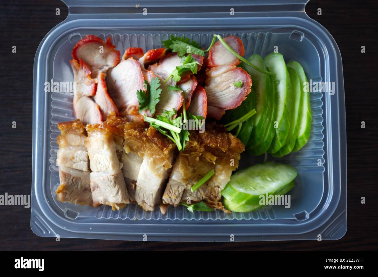 Barbecued red pork in sauce and crispy pork with rice in package Stock ...