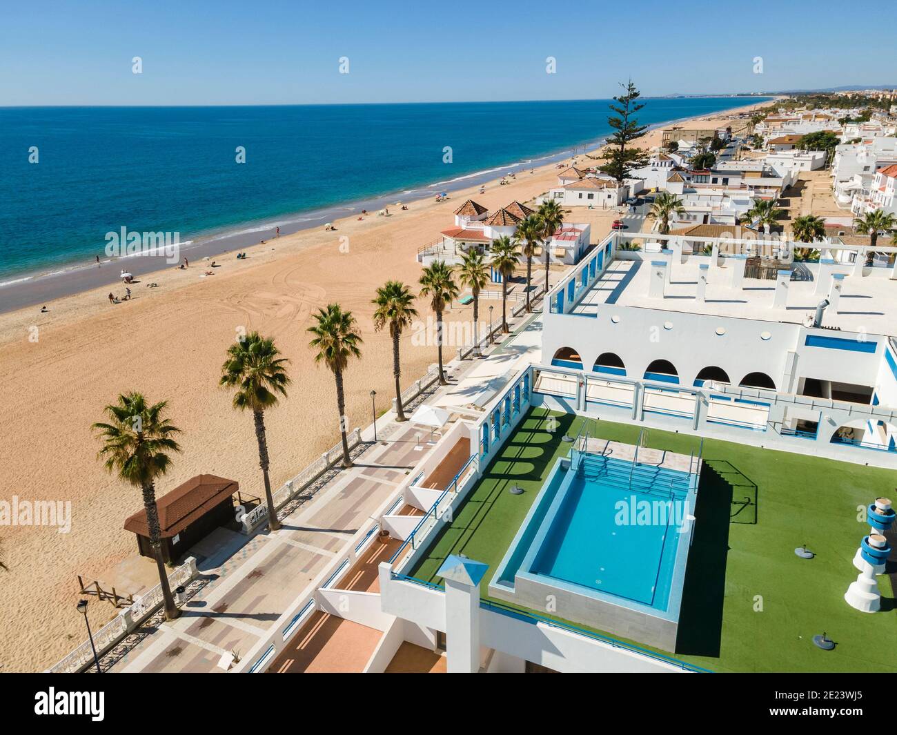 Aerial view of Islantilla, a seaside town full of resorts, Lepe, Huelva ...