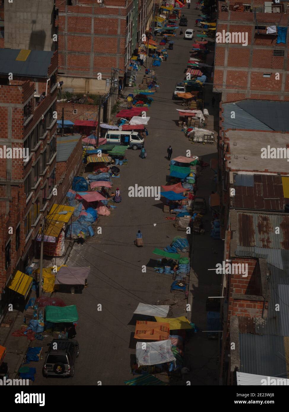 Typical street scene of La Paz unfinished brick houses slum poverty ...