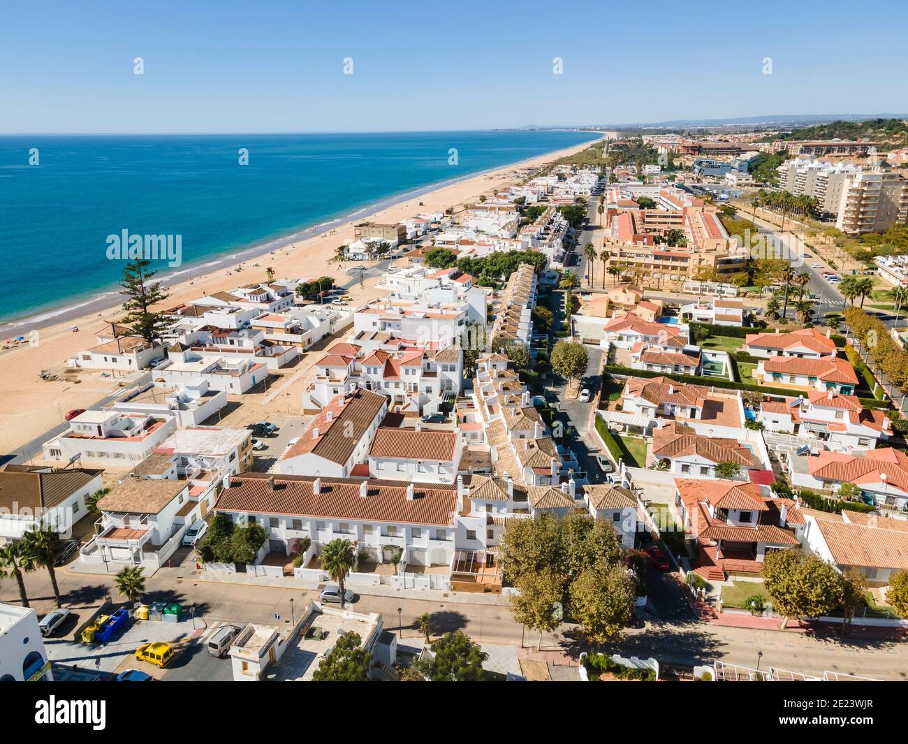 Aerial view of Islantilla, a seaside town full of resorts, Lepe, Huelva ...