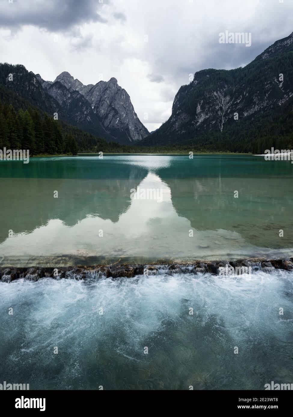 Alpine mountain lake landscape panorama at Lago di Dobbiaco Toblacher ...
