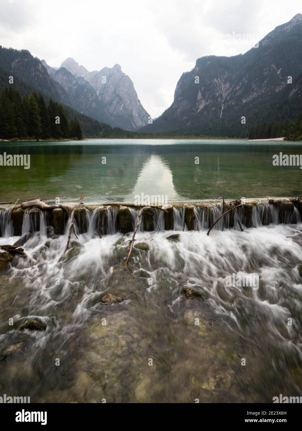Alpine mountain lake landscape panorama at Lago di Dobbiaco Toblacher ...
