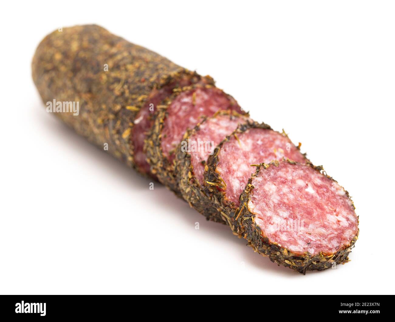 A Log of Salami Coated in Herbs and Isolated on a White Background ...