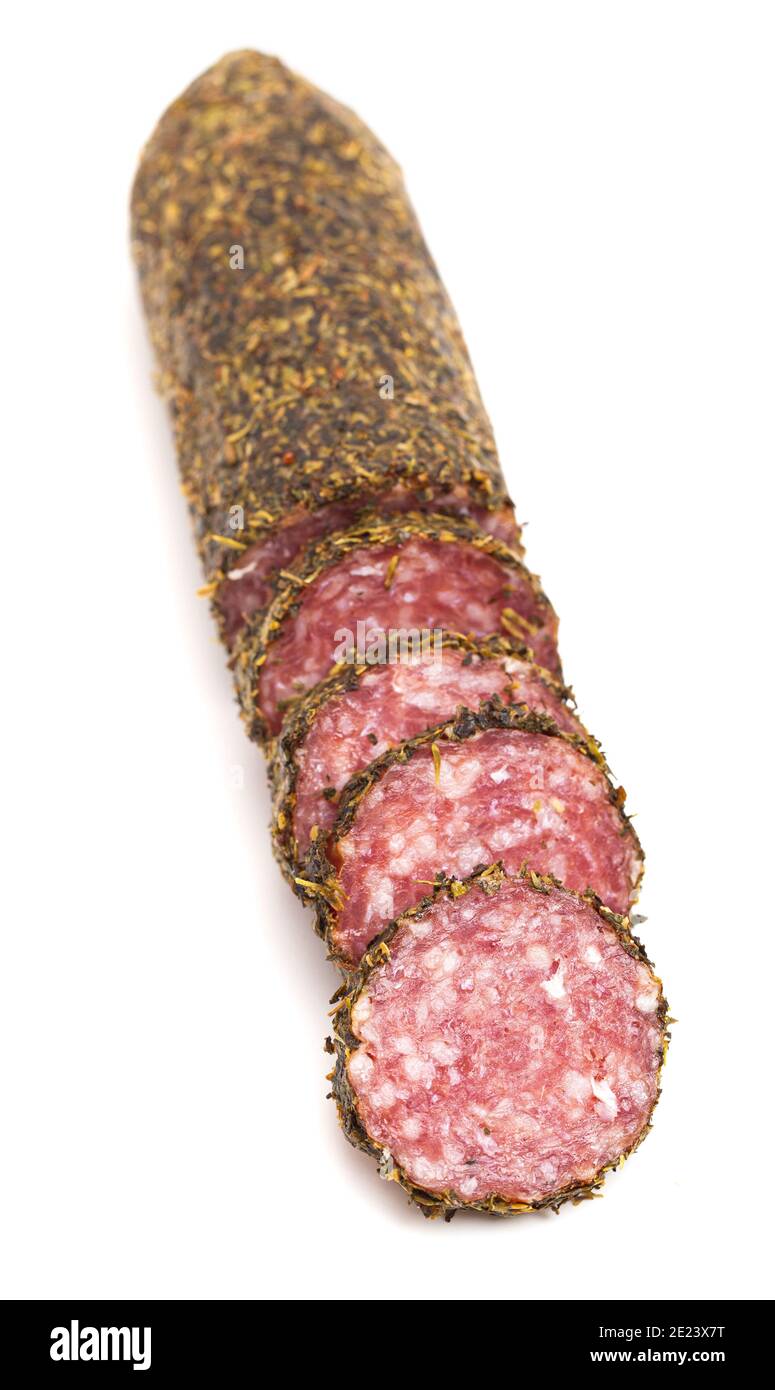 A Log of Salami Coated in Herbs and Isolated on a White Background ...