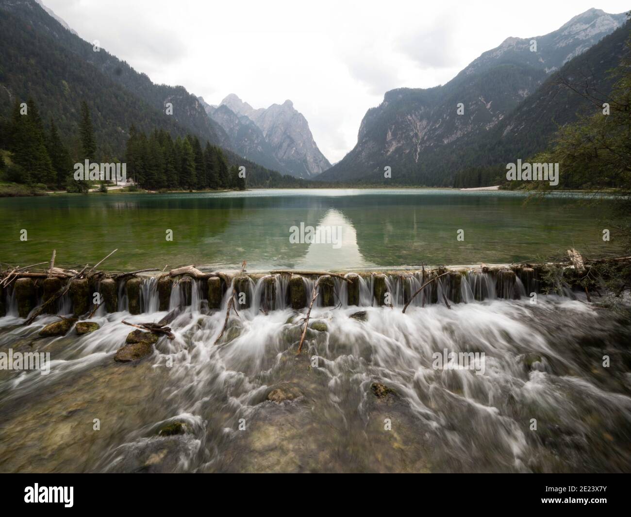 Alpine mountain lake landscape panorama at Lago di Dobbiaco Toblacher ...