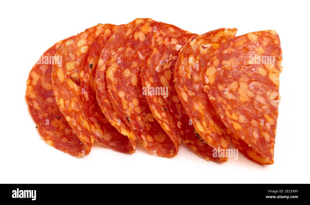Slices of Spicy Calabrese Salami Meat Isolated on a White Background ...