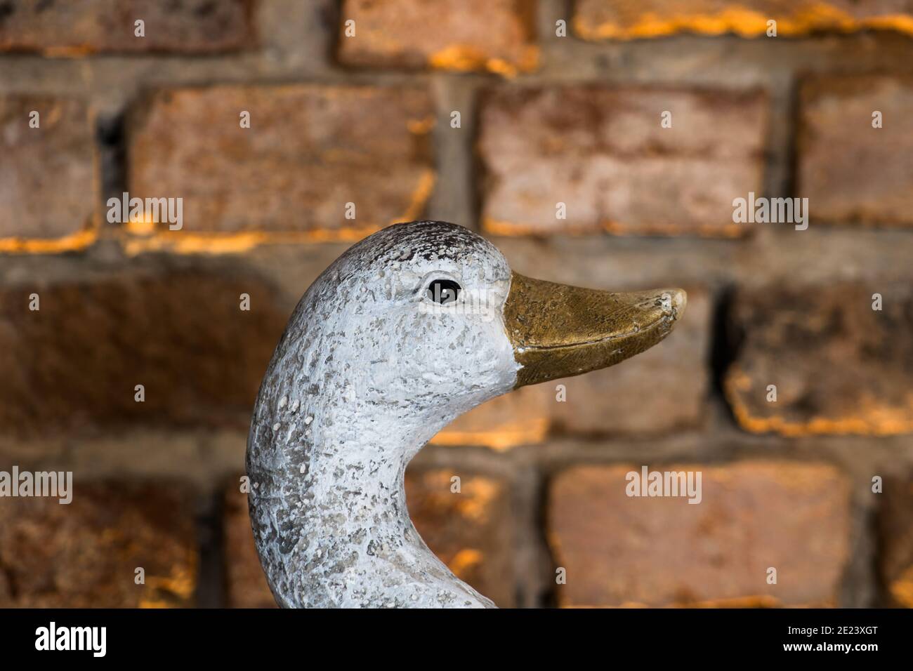 Old weathered decorative duck statue on a brick wall background Stock ...