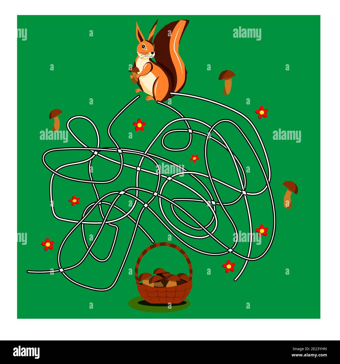 maze for children, guide the squirrel to the basket of mushrooms. Find ...