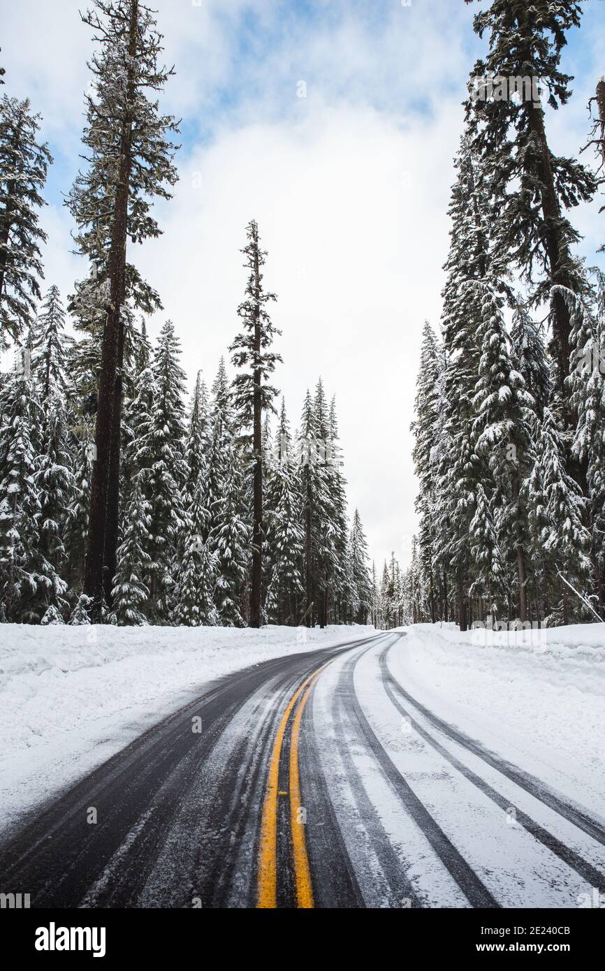 Vertical shot of the snowy Crater Lake Highway in Oregon Stock Photo ...