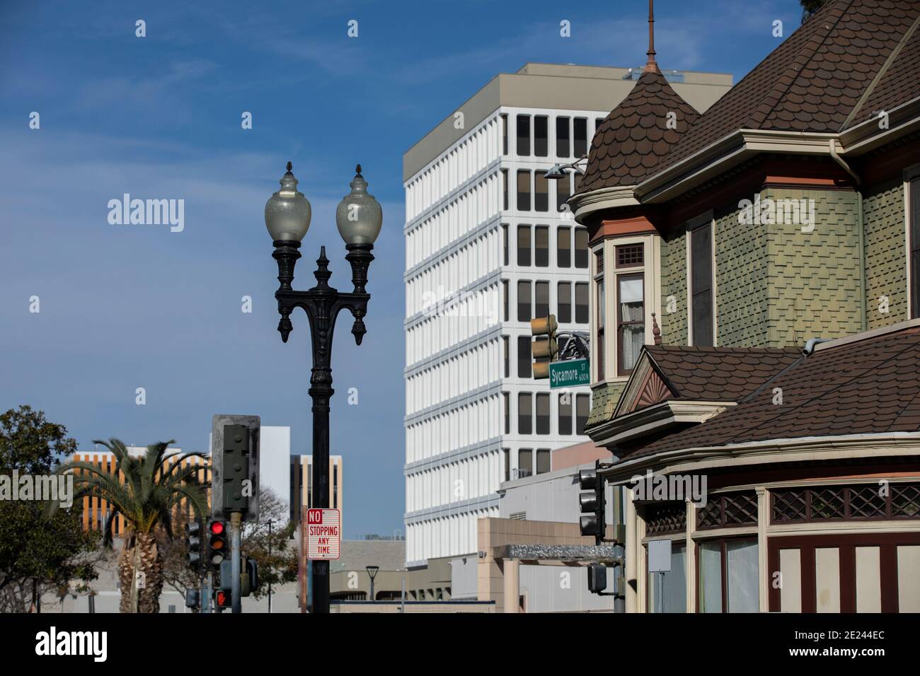 Sun shines on the historic downtown district of Santa Ana, California ...