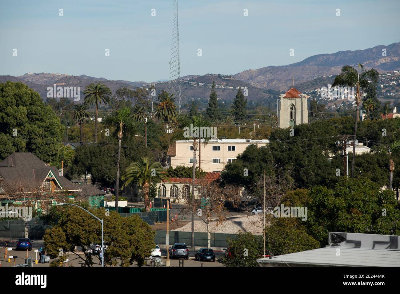 Sun shines on the historic downtown district of Santa Ana, California ...