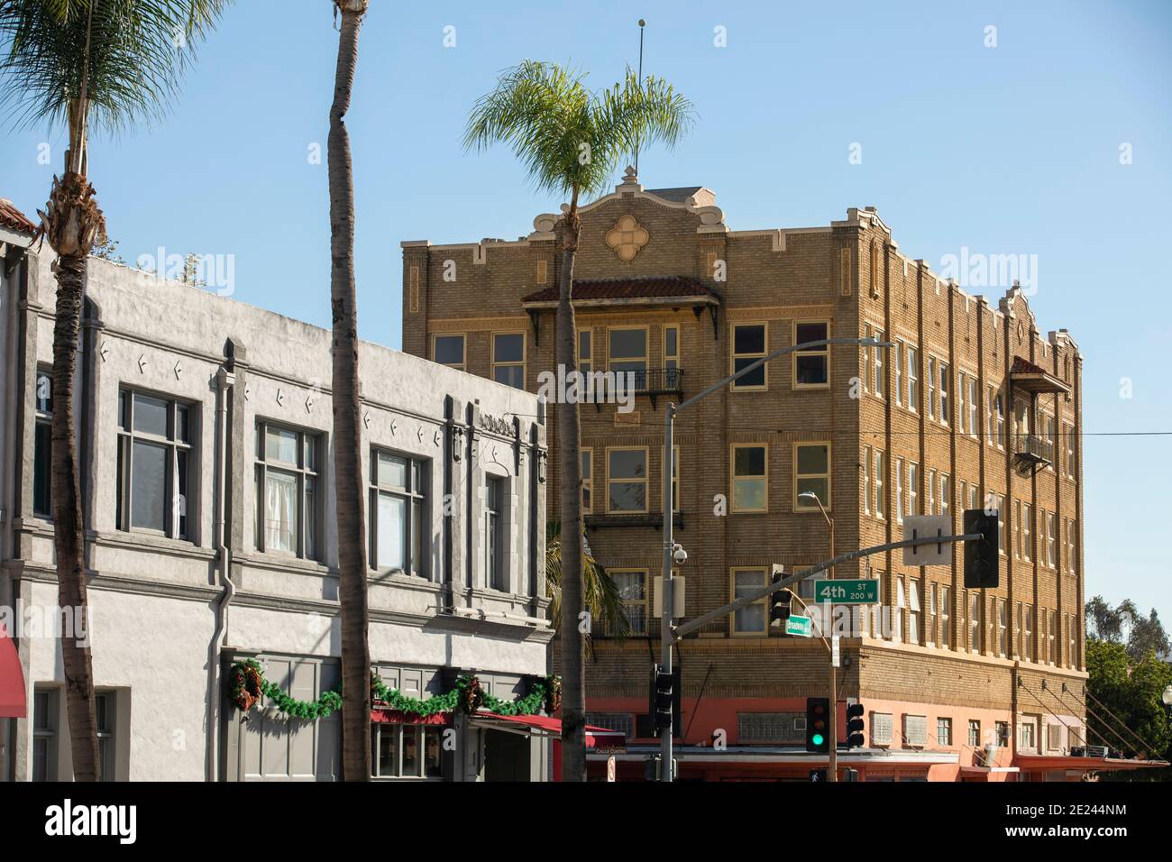 Sun shines on the historic downtown district of Santa Ana, California ...
