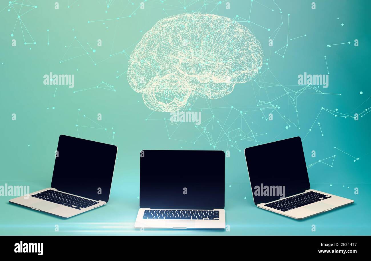 3D illustration of three computers on a green background and a brain ...