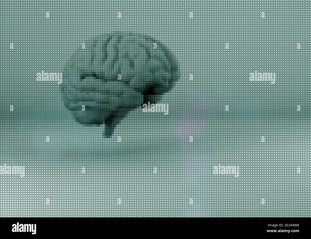 3D rendering of a brain image with Pixel art design on a light green ...