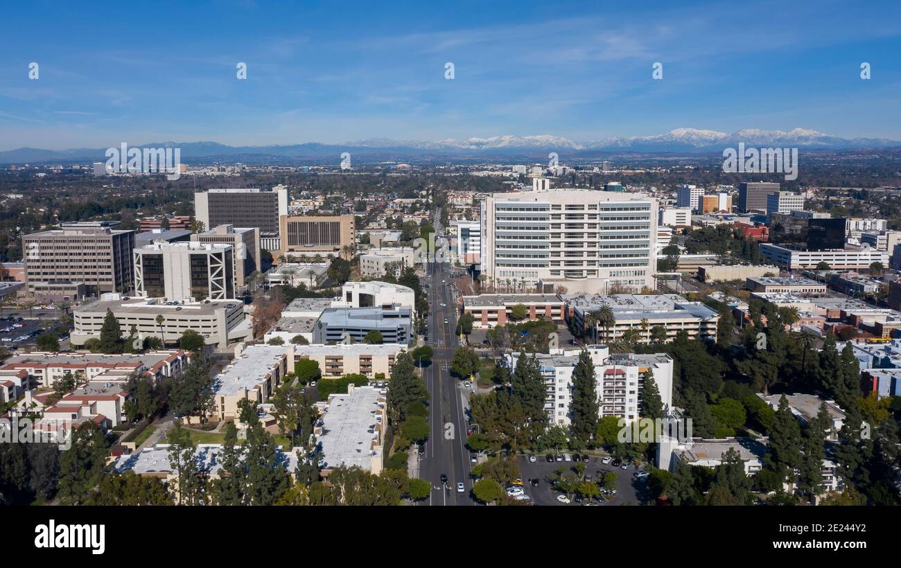 Daytime aerial view of the downtown skyline of Santa Ana, California ...