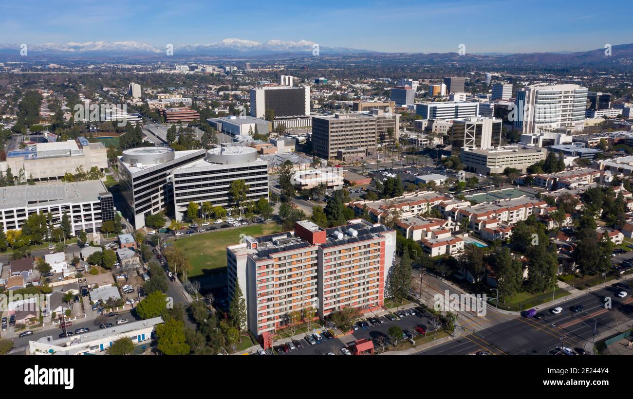 Daytime aerial view of the downtown skyline of Santa Ana, California ...